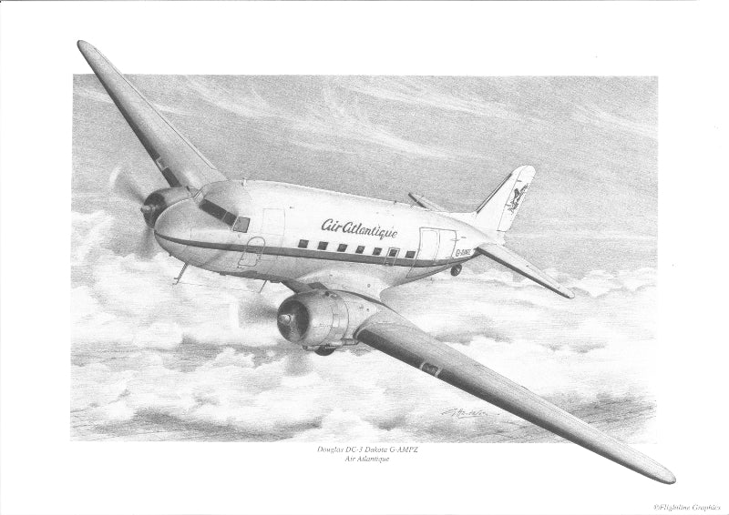 Douglas DC-3 Aviation Art Print - Air Atlantique Pencil Drawing by ...